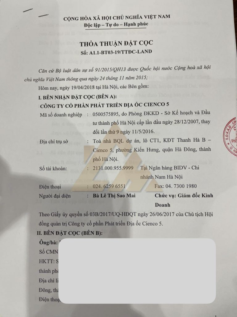 Hợp đồng thoả thuận đặt cọc nhà ở khu đô thị Thanh Hà